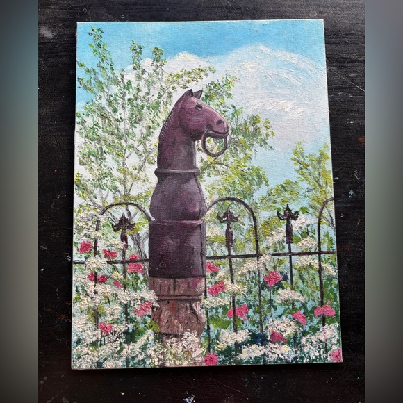 Vintage | Wall Decor | Vintage Oil Painting Of A Fence And A Hitching ...